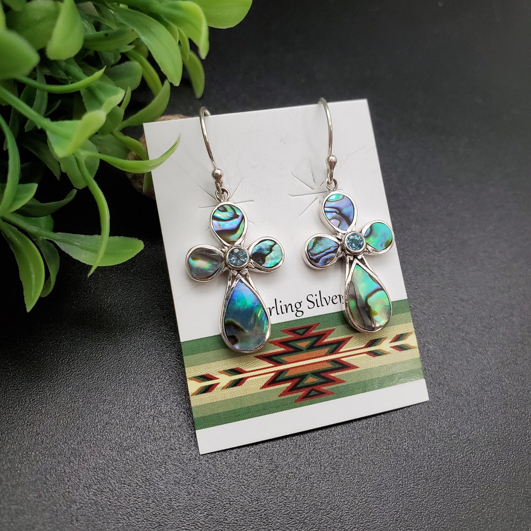 ATS-AYU221 | Big Abalone Shell Inlay, Blue Topaz Cross Earrings ...