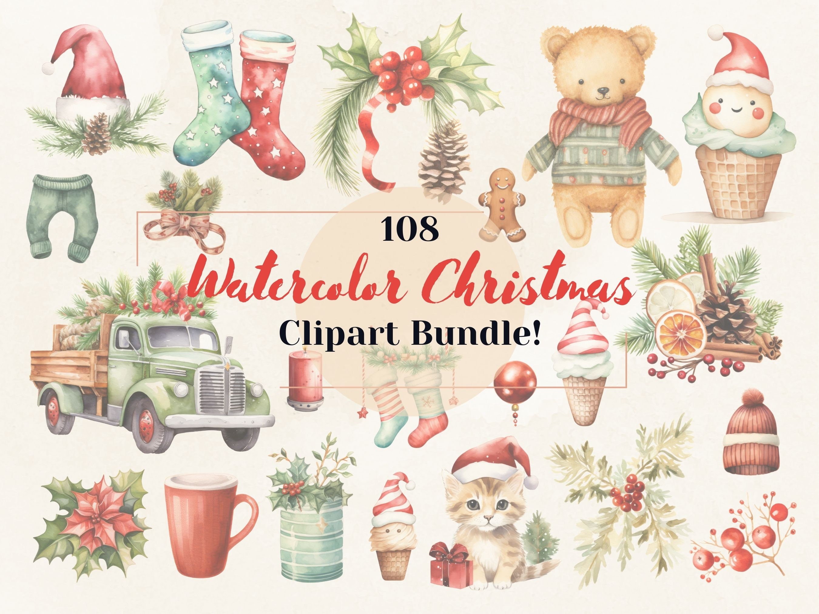 Watercolor Christmas Clipart Bundle 108 Png Files Holiday - Etsy