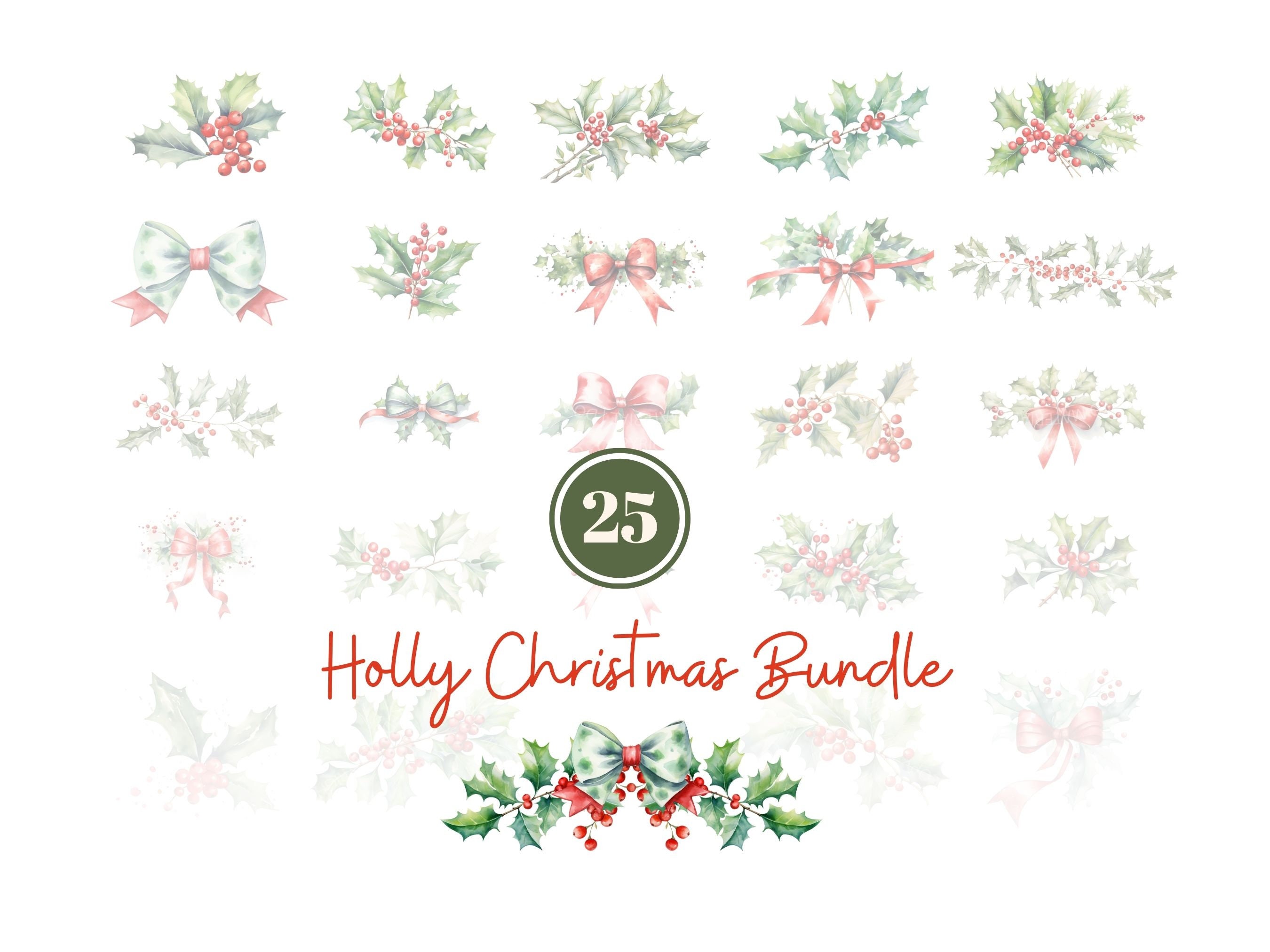 Holly Watercolor Christmas Clipart Bundle 25 Pngs Christmas Holly Red ...
