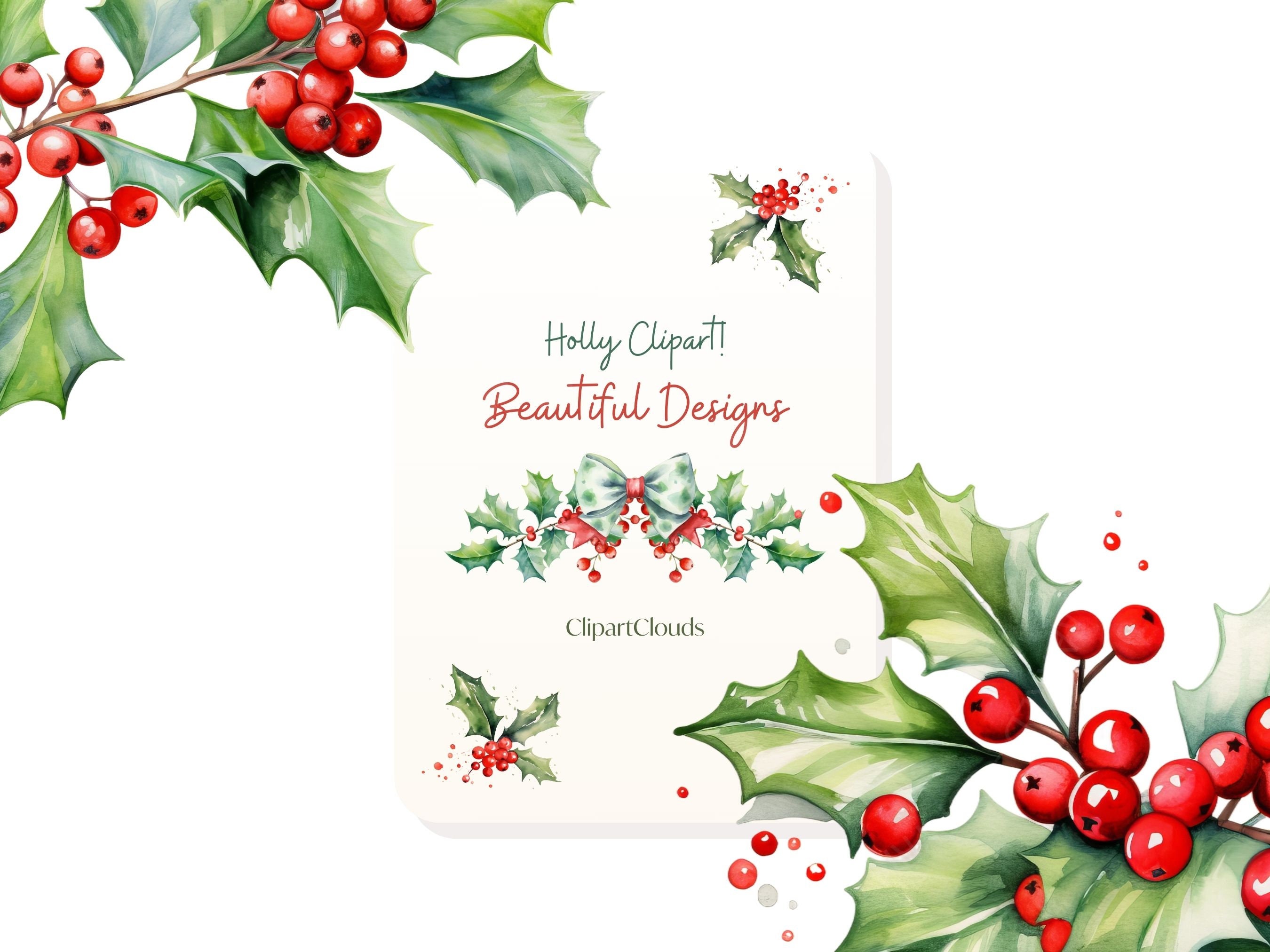 Holly Watercolor Christmas Clipart Bundle 25 Pngs Christmas Holly Red ...