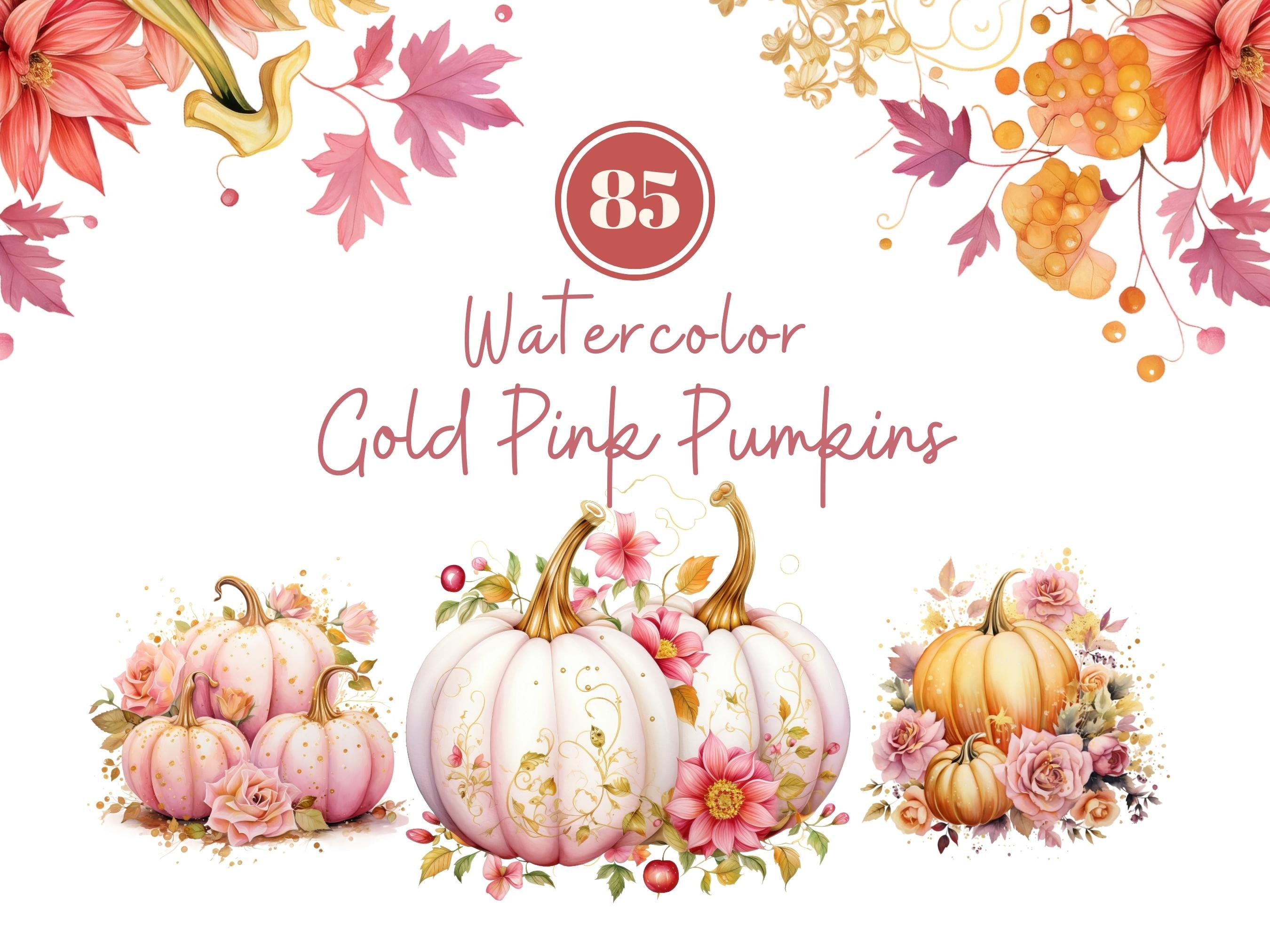 Watercolor Golden Pink Pumpkin Clipart PNG Bundle Autum Floral Pumpkins ...