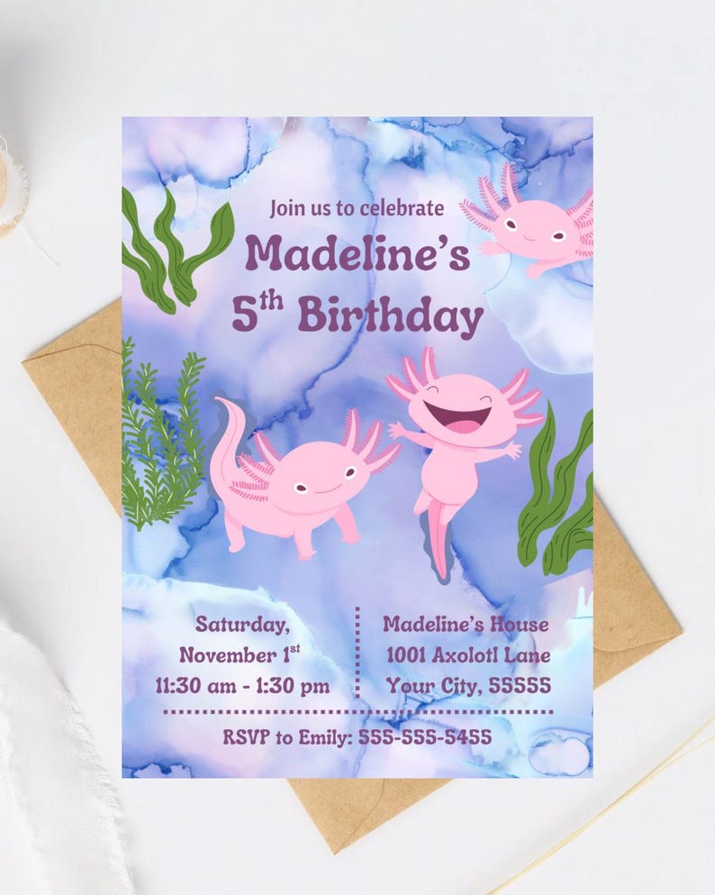 Axolotl Birthday Invitation Watercolor Canva Template | Editable 5x7 ...