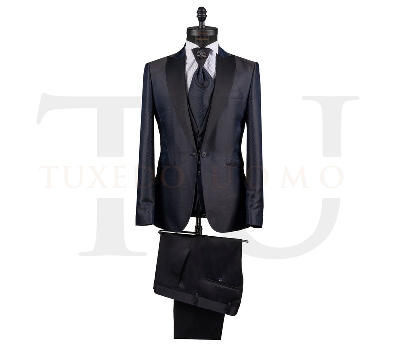 4 Piece Navy Peak Lapel Tuxedo With Vest Pants And Tie Model 5163 2 Etsy