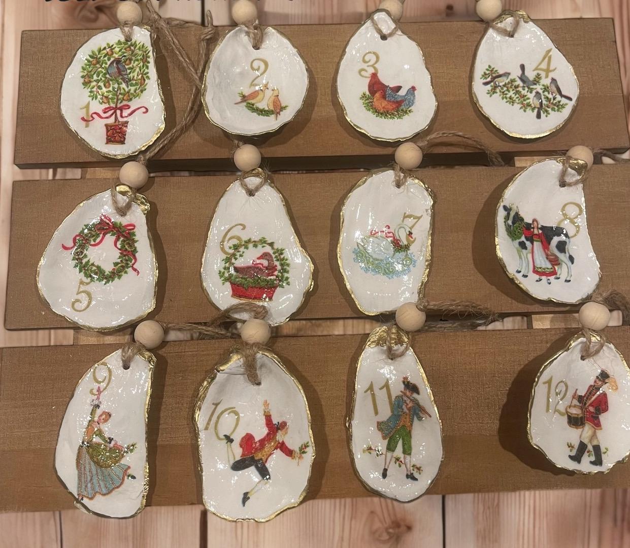 Twelve Days of Christmas Oyster Shell Ornament Set: Handcrafted Holiday ...
