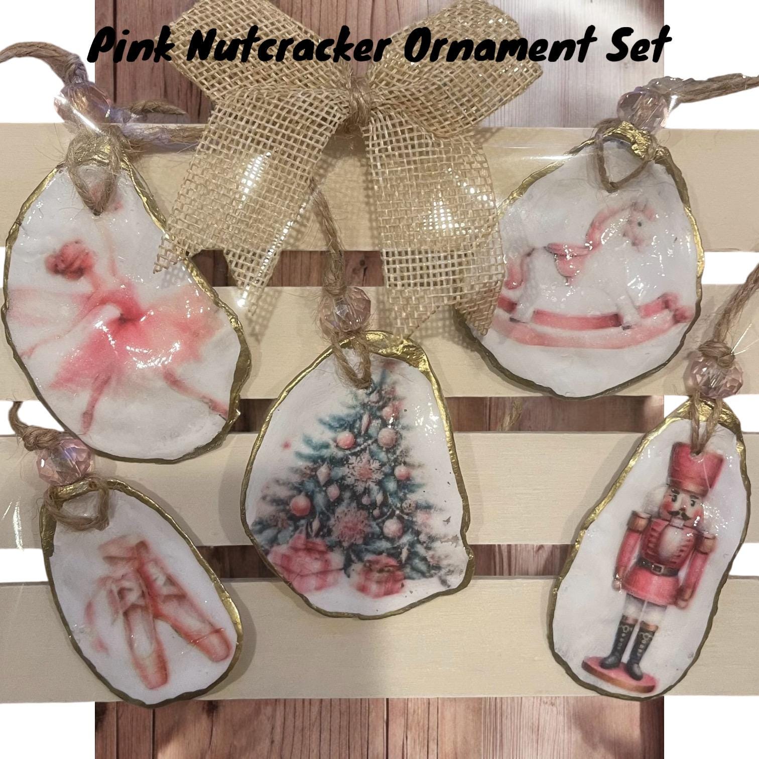 Decoupaged Pink Nutcracker Oyster Shell Ornament Set, Handmade Holiday ...