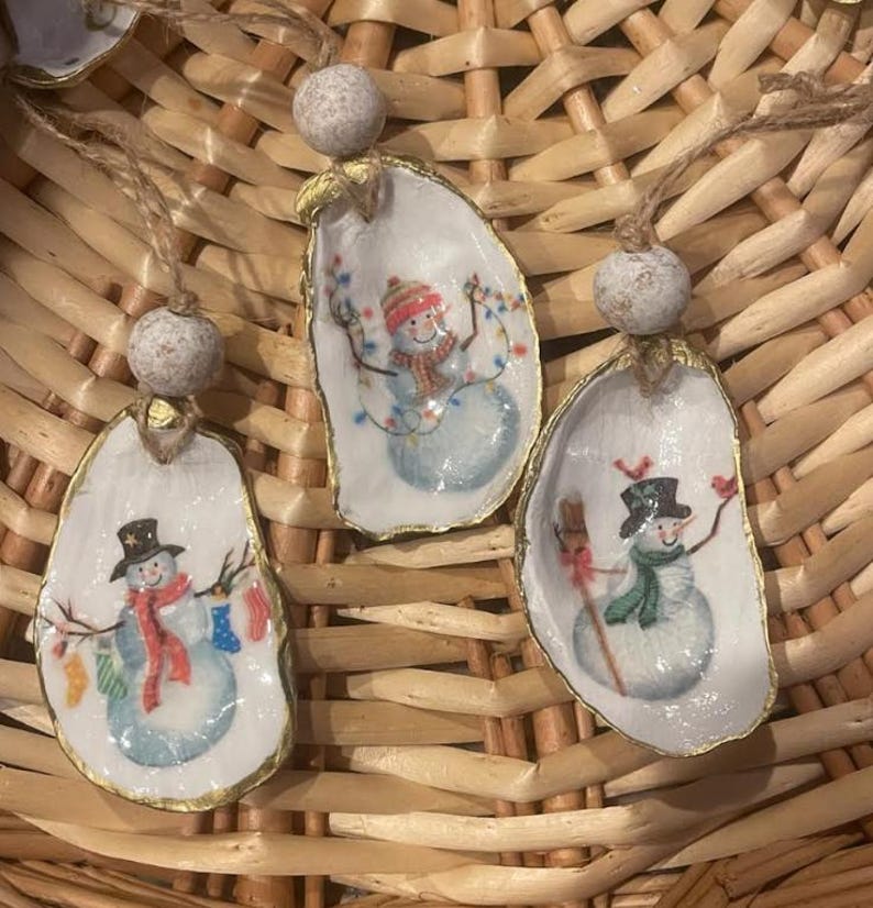 Handmade Snowman Oyster Shell Ornaments: Coastal Christmas Decor - Etsy