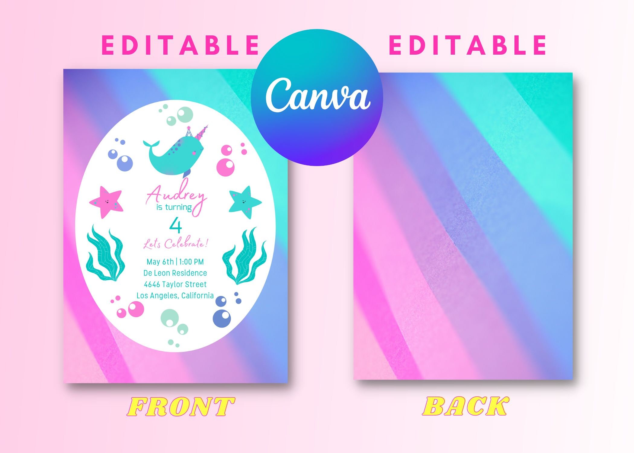 Cute Narwhal Party Invitation, Girl Narwhal Birthday Invite, Narwhal ...