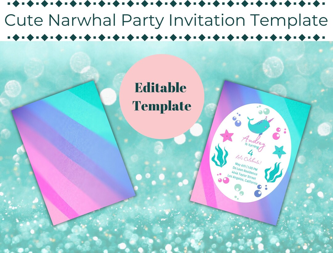 Cute Narwhal Party Invitation, Girl Narwhal Birthday Invite, Narwhal ...