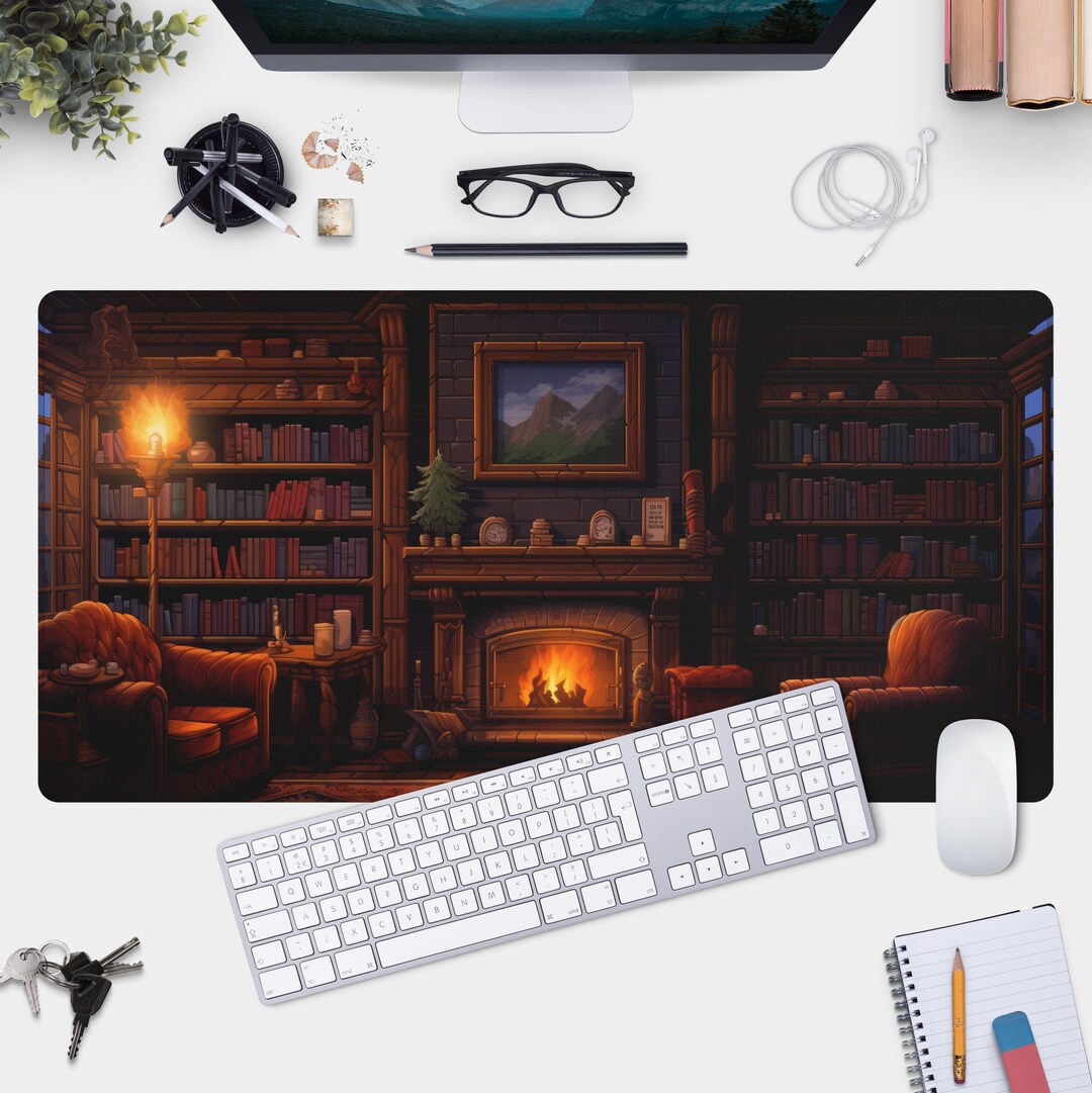 Cozy Library Mouse Pad: Pixel Art Fireplace Desk Mat - Etsy
