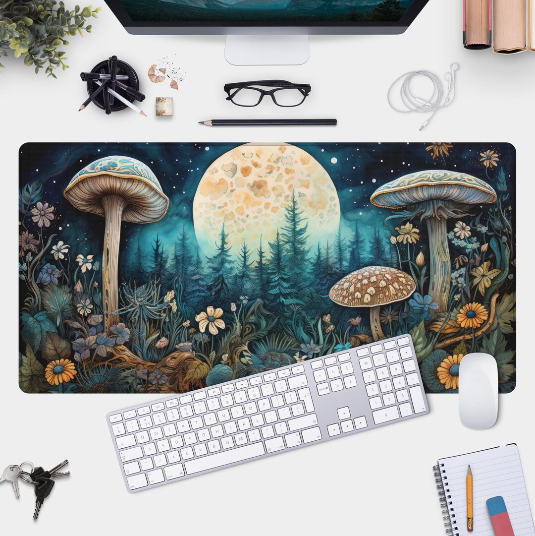 Mushrooms Desk Mat - Enchanting Moonlit Fungi Design for Gamers and ...