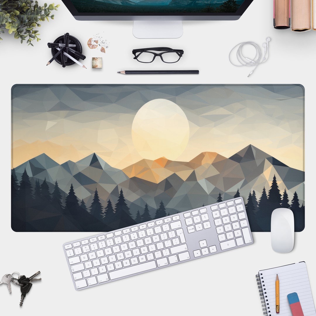 Geometric Mountain Desk Mat - Low Poly Landscape Office Decor - Earthy ...
