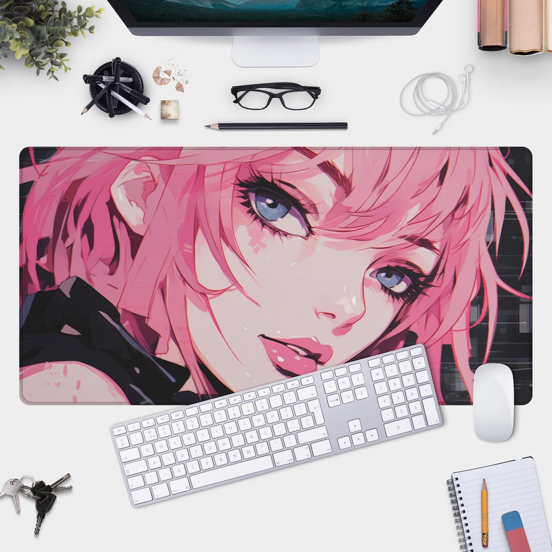 Anime Girl Desk Pad - Cyberpunk Design Gamer Mat and Mouse Pad for ...