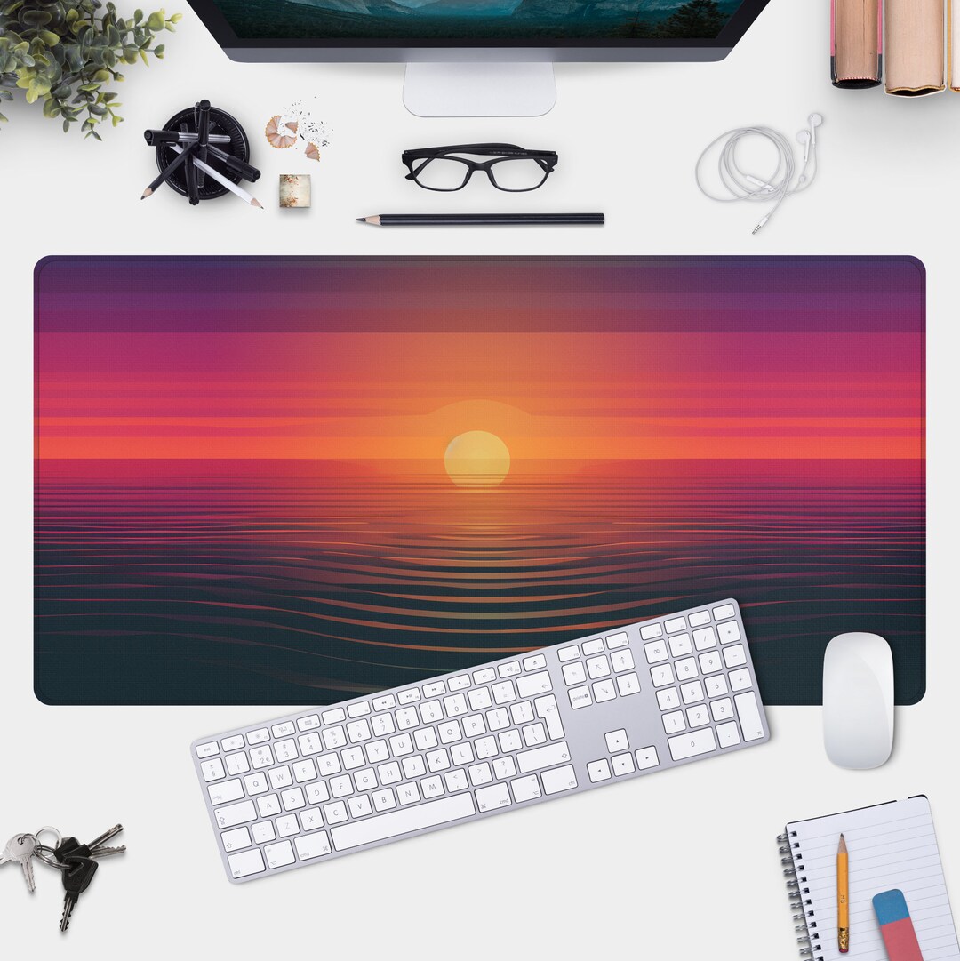 Retro Sunset Desk Mat - Large Mouse Pad for Gamers, Synthwave Landscape ...