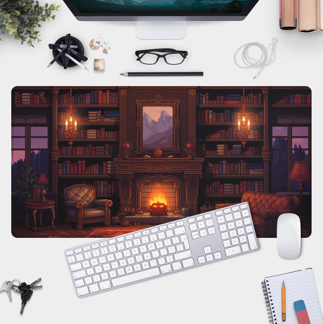 Cozy Fireplace Library Desk Mat - Gamer Pad and Mouse Pad Book Lovers ...