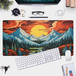 Nature Inspired Desk Mat - Bright Mountain Landscape Gamer Pad & Mouse ...