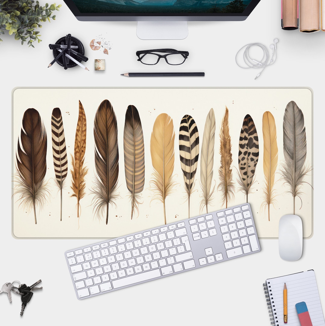 Boho Feather Desk Mat - Organic Style Bohemian Mouse Pad and Gamer Pad ...