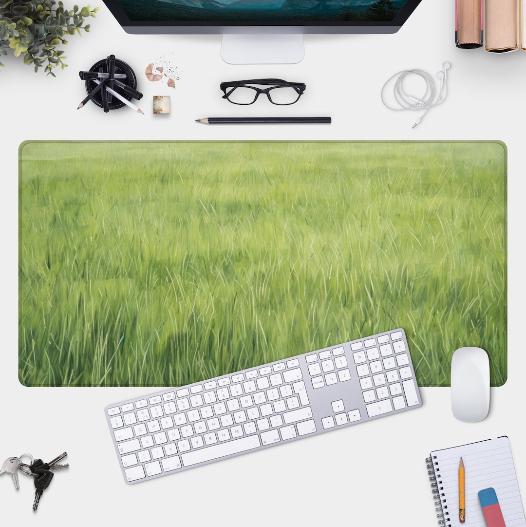 Green Aesthetic Desk Mat - Painted Grass Mouse Pad for Gamers ...