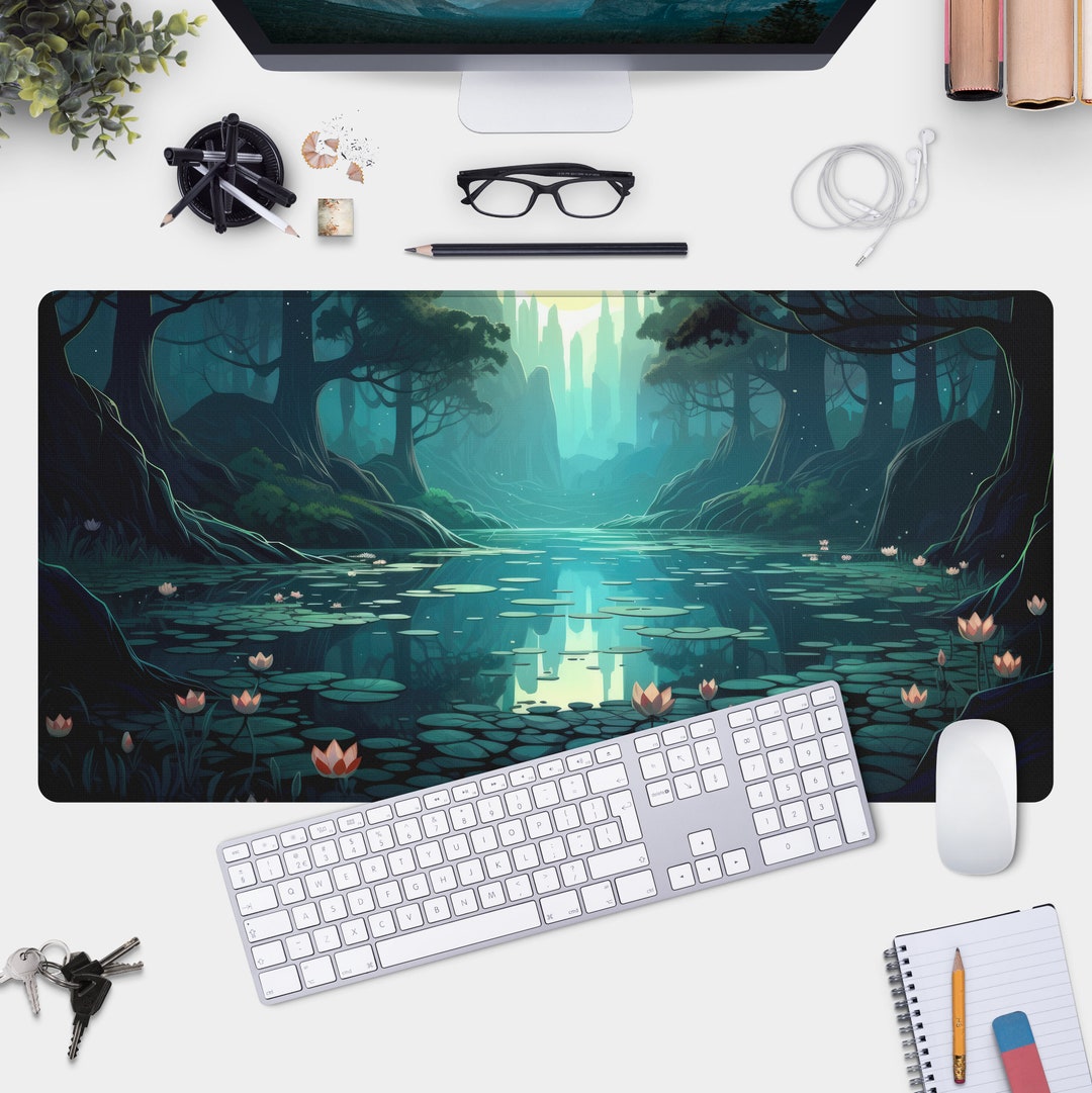 Magical Forest Desk Mat - Gamer Pad With Lily Pads and Tranquil Lake ...