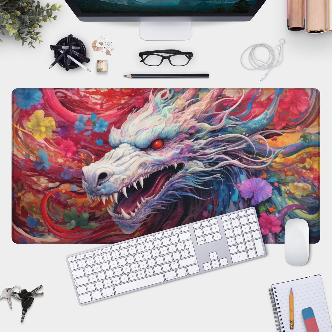 Rainbow Dragon Desk Mat - Vibrant Fantasy Dragon Design for Gaming and ...