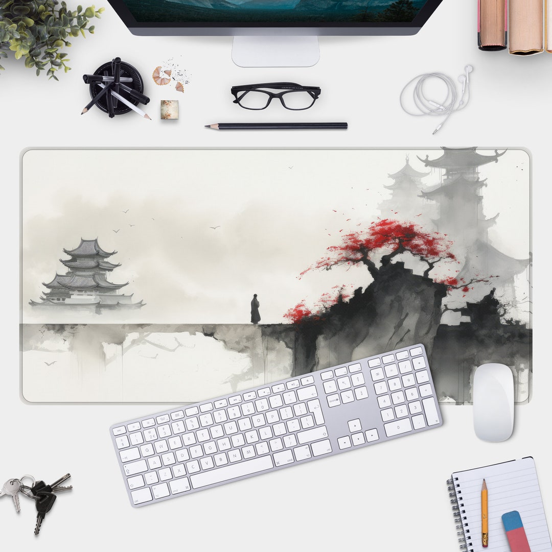 Japanese Inked Landscape Desk Mat - Large Mouse Pad, Minimal Asian Art ...