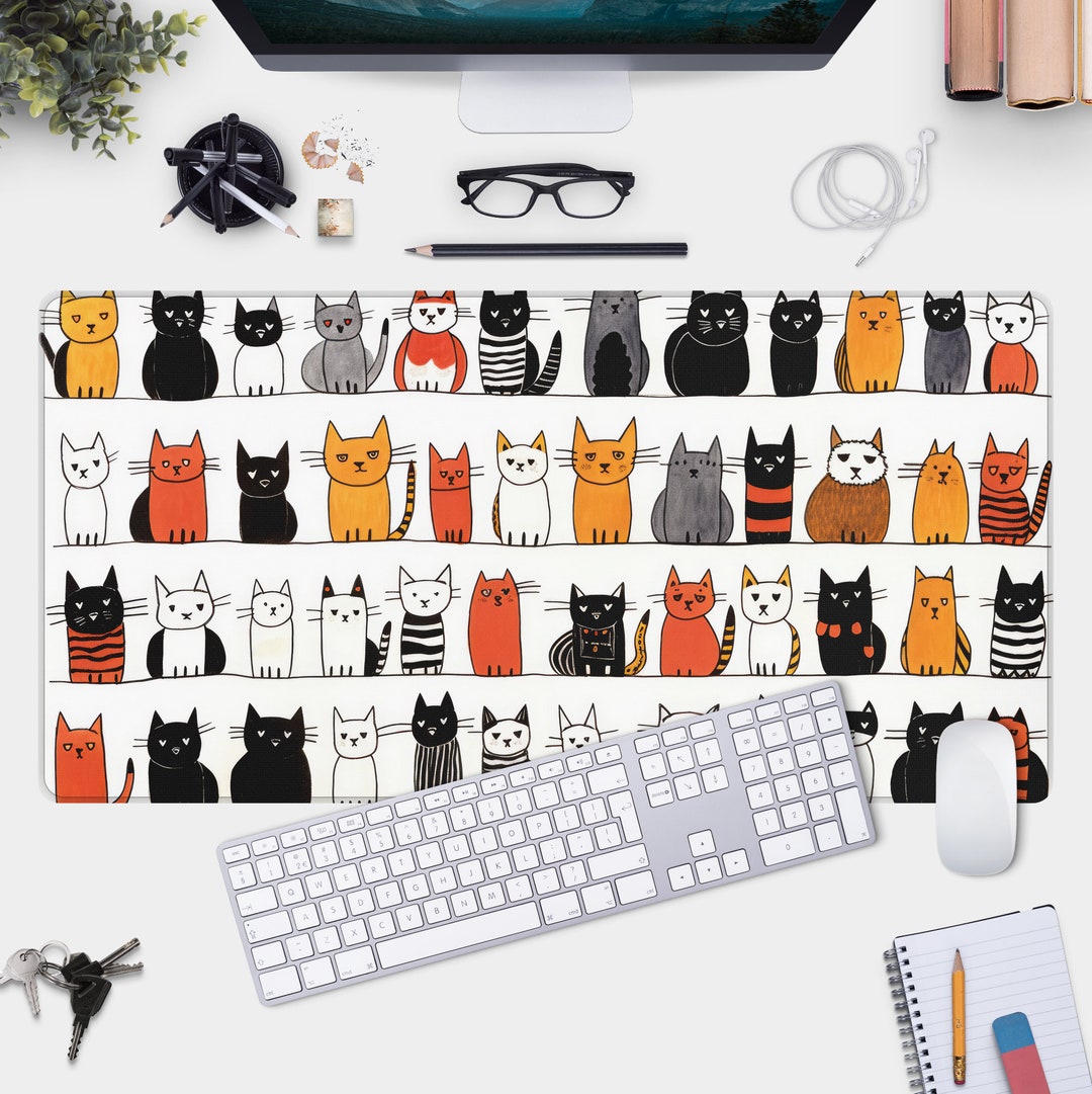 Cute Cat Desk Mat - Hand Drawn Cats Gamer Pad, Large Mouse Pad for ...