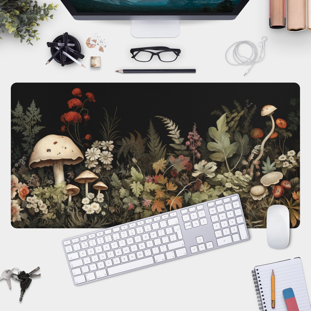 Cottagecore Desk Mat - Mushroom and Plant Motifs, Gamer Pad With Dark ...