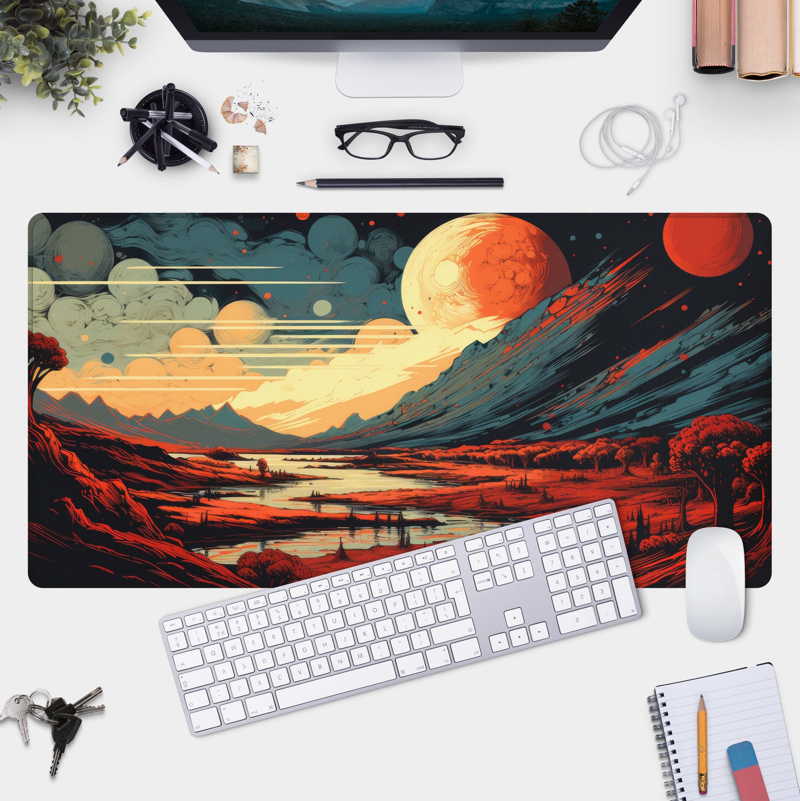 Retro Space Desk Mat | Gaming Mouse Pad | Planet Landscape Gamer Pad - Etsy
