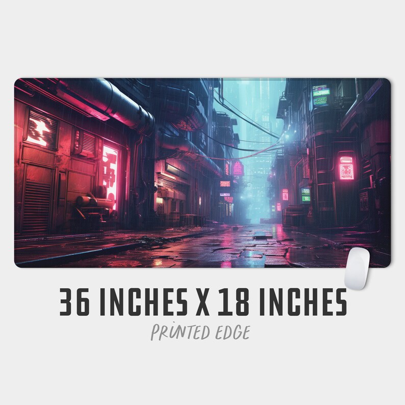 Cyberpunk City Streets Desk Mat Gamer Pad & Mouse Pad With Rainy Urban ...