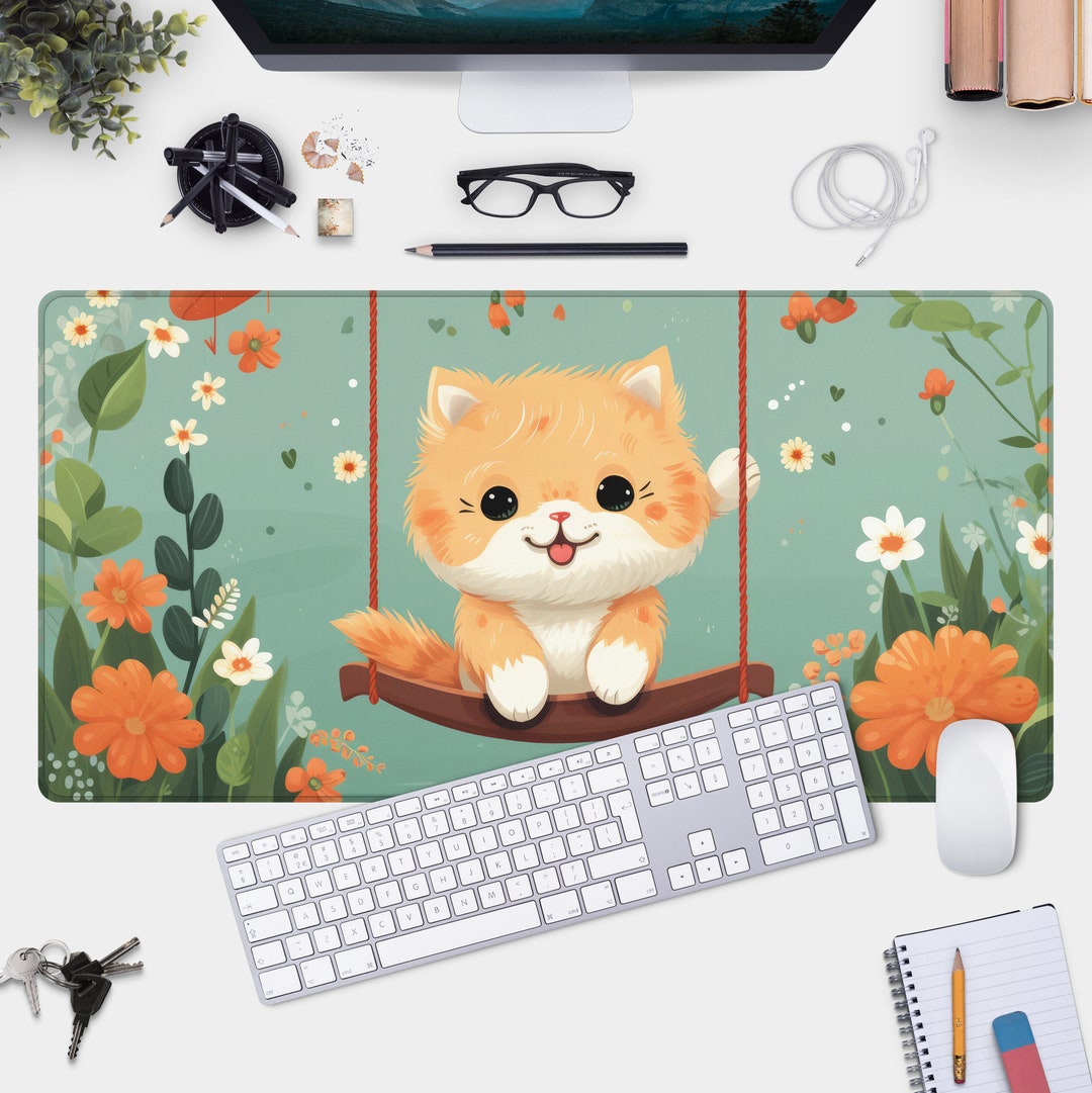 Cute Cat Desk Mat Large Mouse Pad, Kawaii Kitten on Swing, Gamer Pad - Etsy