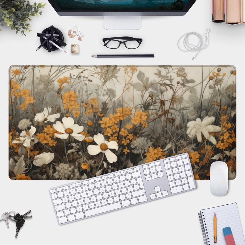 Muted Wild Flowers Desk Mat - Gaming Mouse Pad With Nature Landscape ...