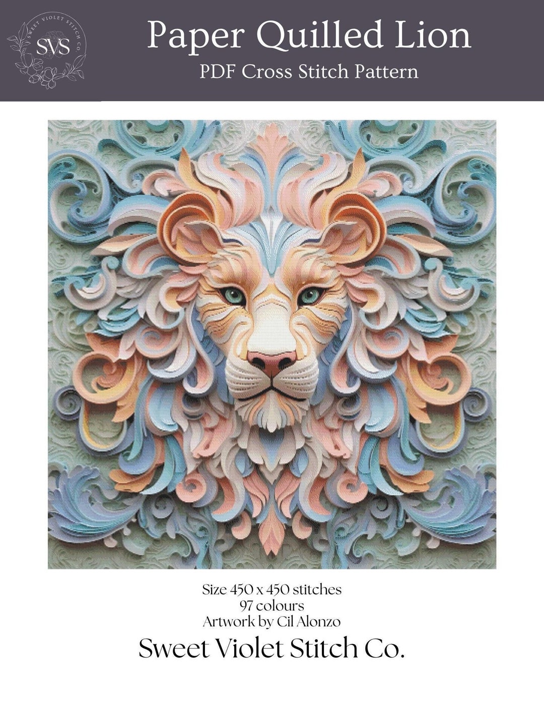 Paper Quilled Lion - Cross Stitch Pattern - Full Coverage - PDF Digital ...