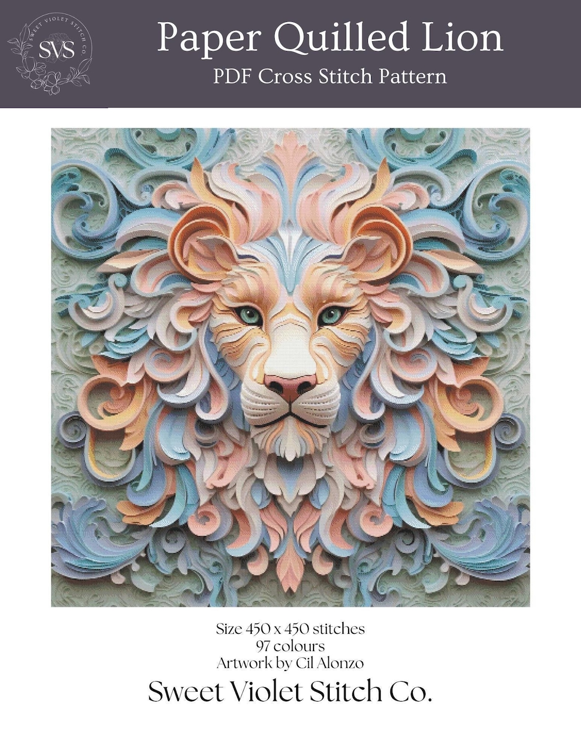 Paper Quilled Lion - Cross Stitch Pattern - Full Coverage - PDF Digital ...