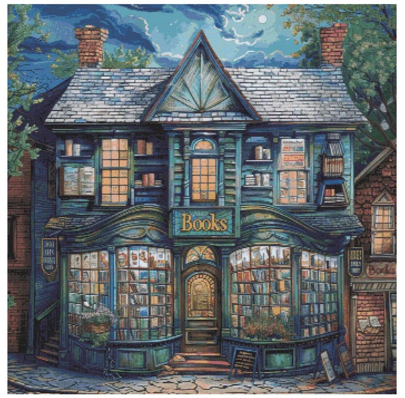 Little Blue Bookshop - Cross Stitch Pattern - Full Coverage - PDF Digital Download - Etsy