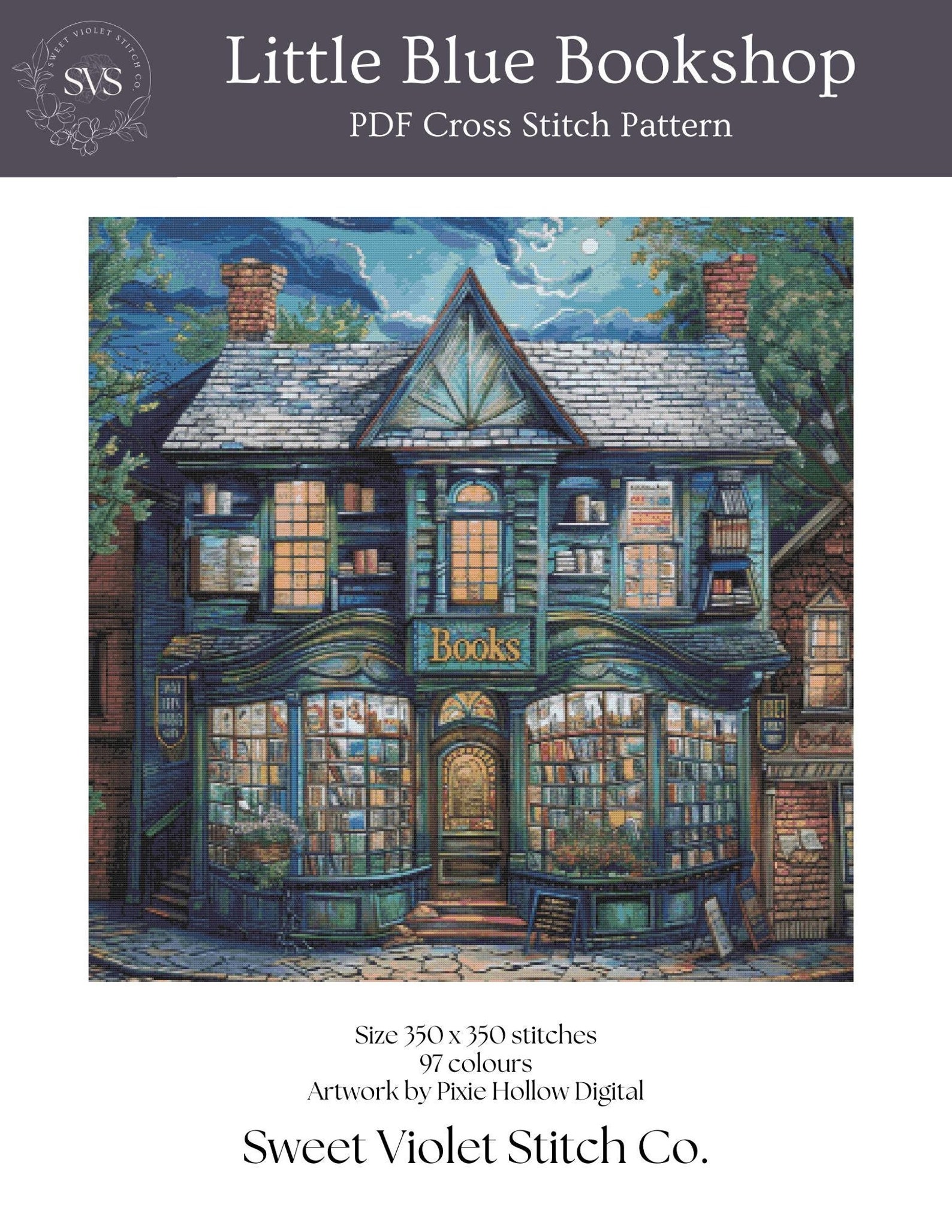 Little Blue Bookshop - Cross Stitch Pattern - Full Coverage - PDF Digital Download - Etsy