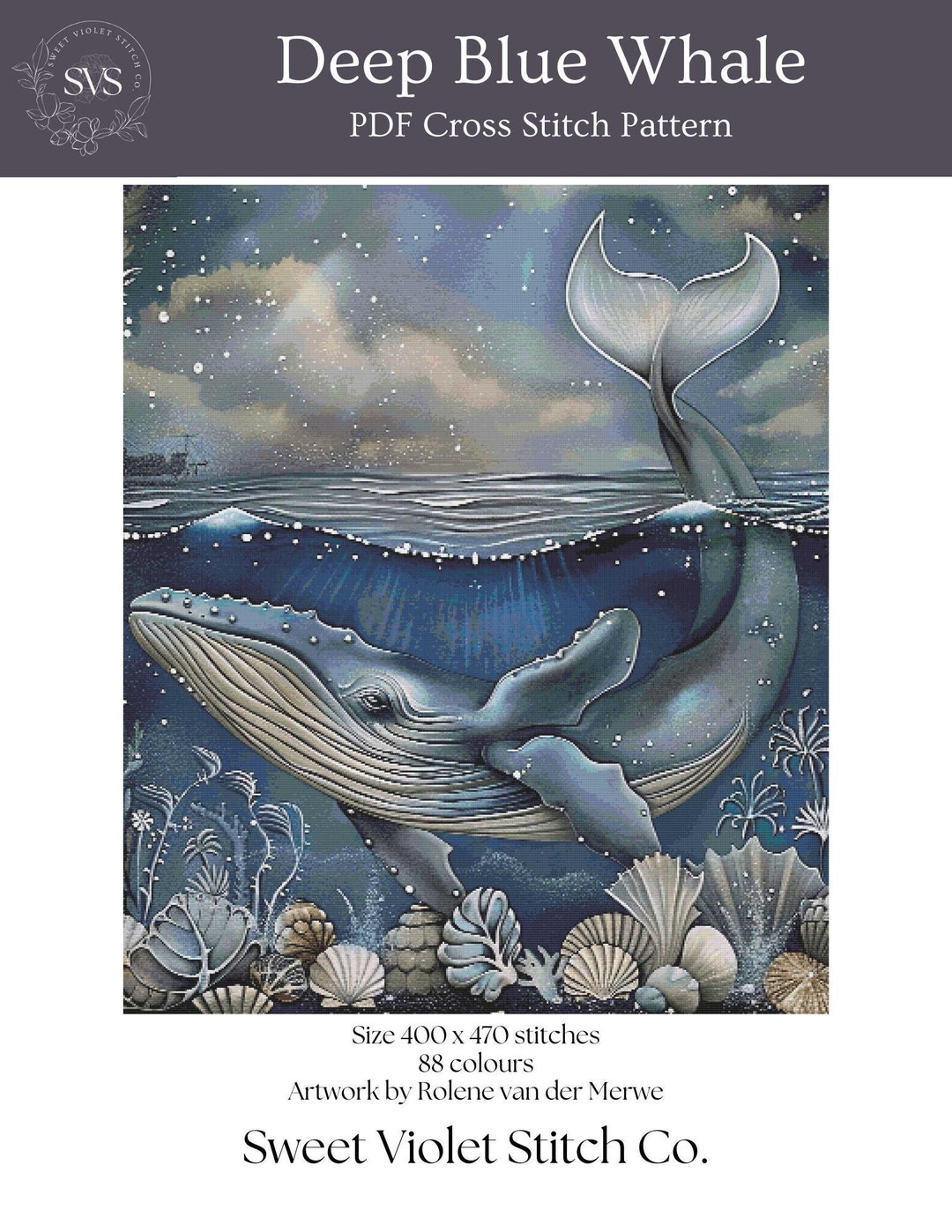 Deep Blue Whale - Cross Stitch Pattern - Full Coverage - PDF Digital ...