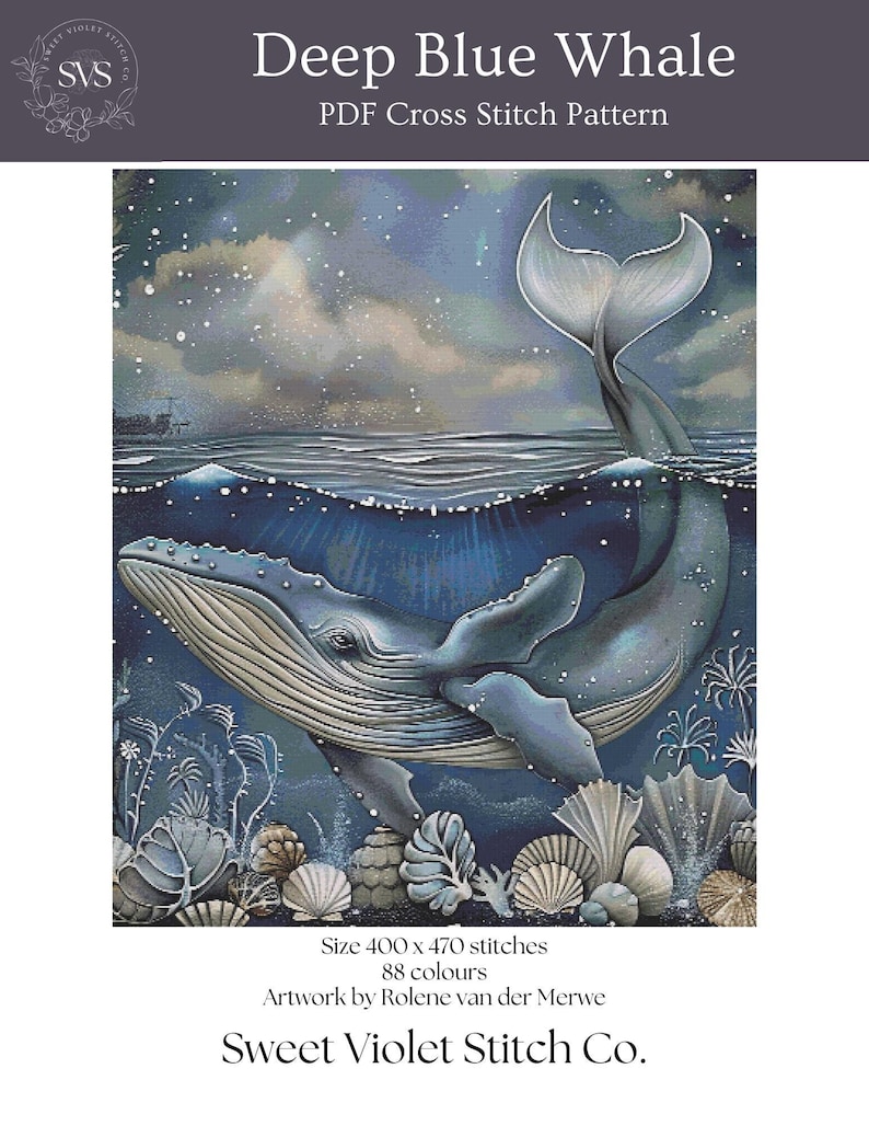 Deep Blue Whale - Cross Stitch Pattern - Full Coverage - PDF Digital ...