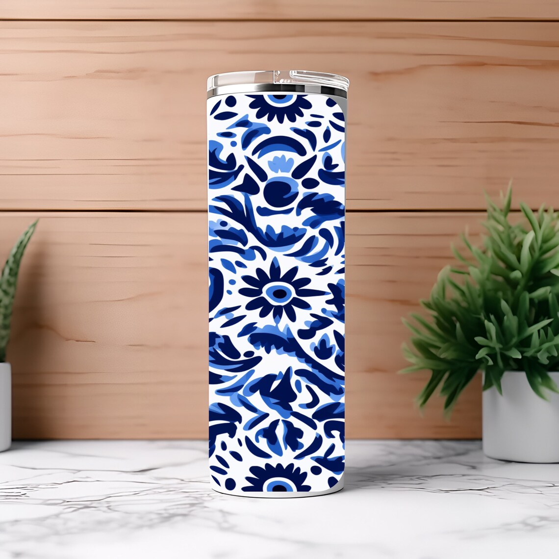 Elegant Blue Talavera Skinny Tumbler With Straw, 20oz. Mexican Inspired ...