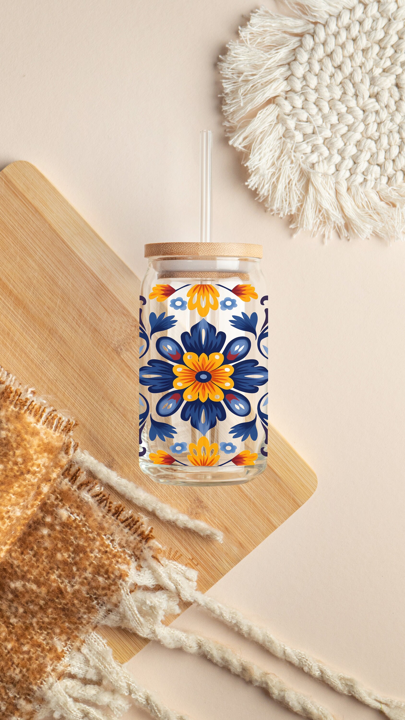 Yellow Blue Talavera Libbey Glass ,mexican Flowersglass Cup With Straw ...