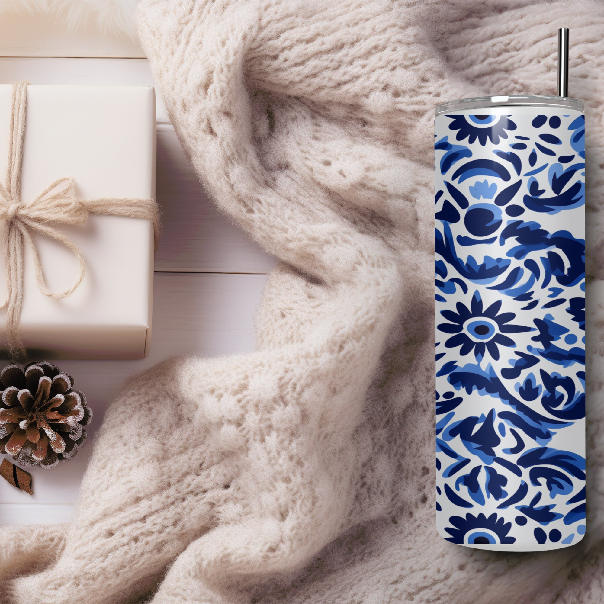 Elegant Blue Talavera Skinny Tumbler With Straw, 20oz. Mexican Inspired ...