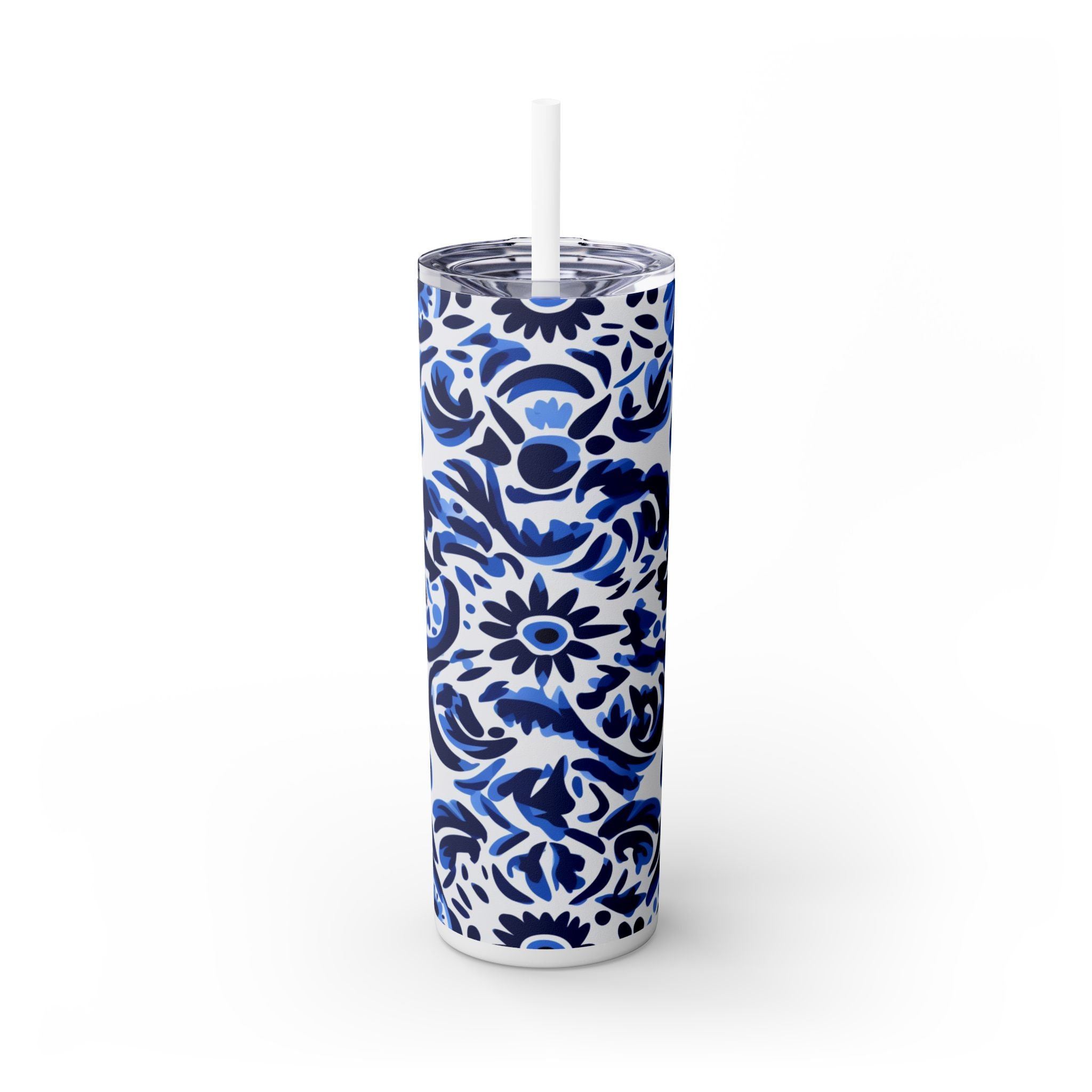 Elegant Blue Talavera Skinny Tumbler With Straw, 20oz. Mexican Inspired ...