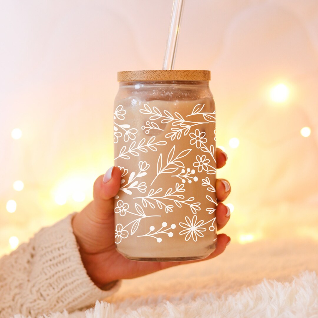 Hand-painted White Wildflowers Glass Can -white Wildflowers - 16oz ...