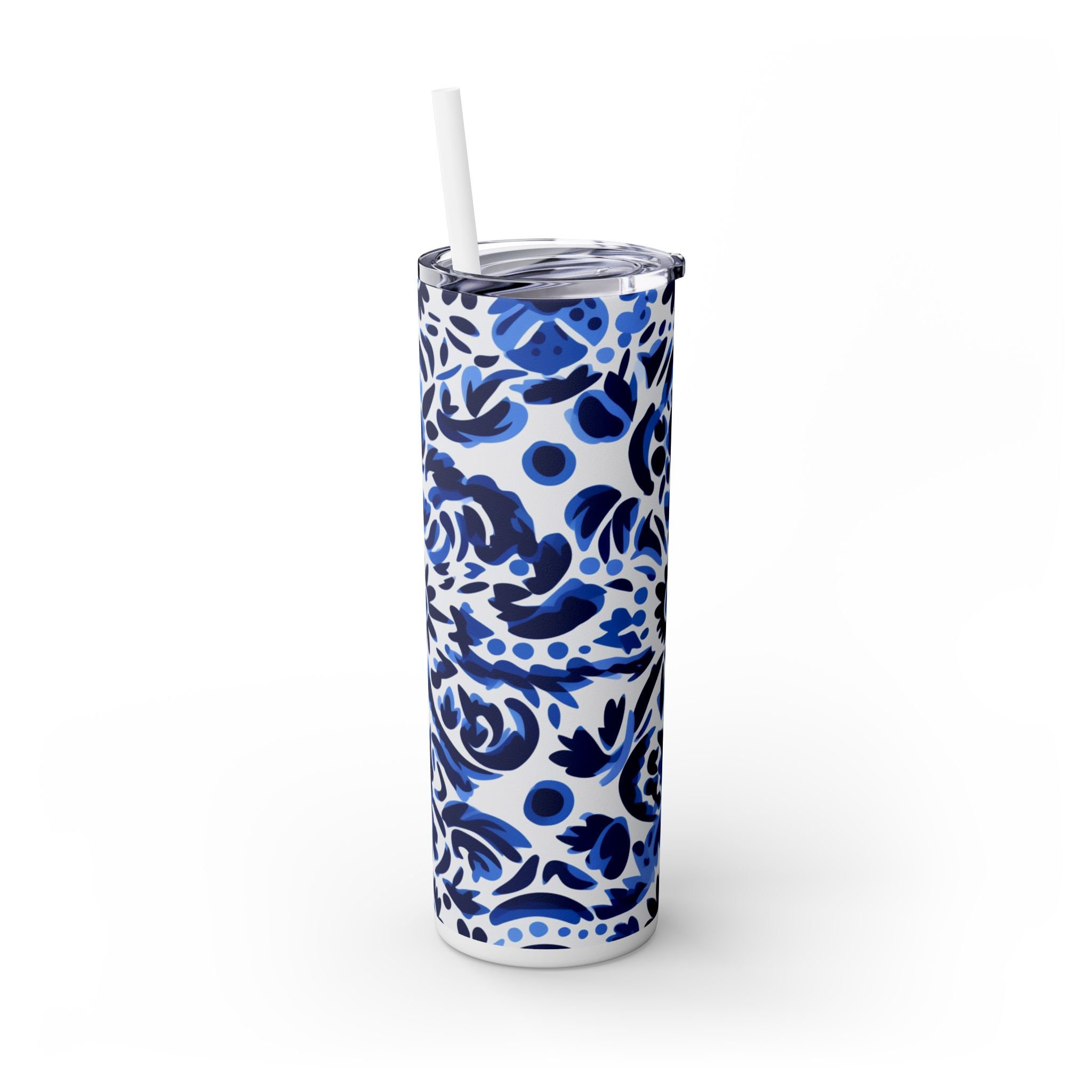 Elegant Blue Talavera Skinny Tumbler With Straw, 20oz. Mexican Inspired ...