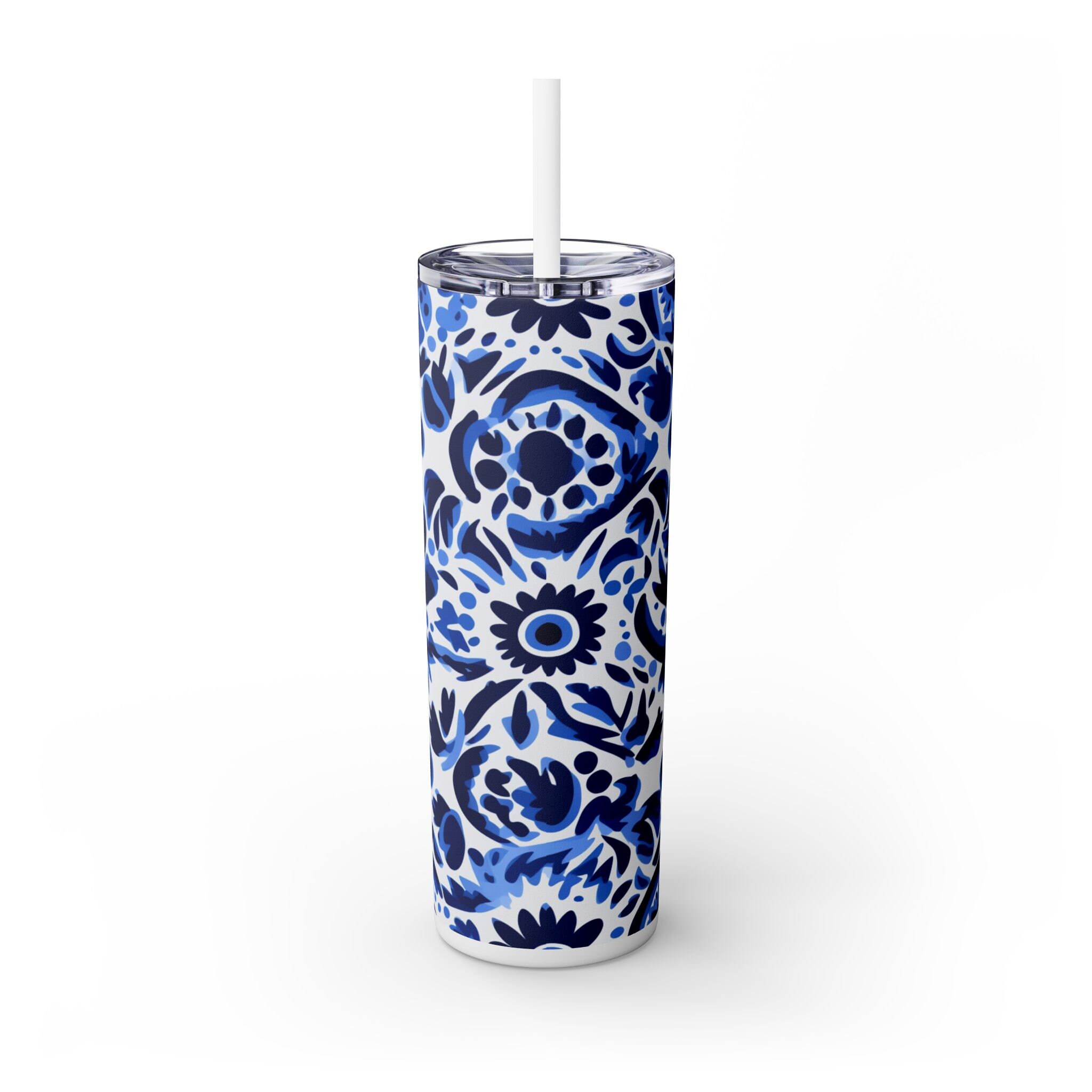Elegant Blue Talavera Skinny Tumbler With Straw, 20oz. Mexican Inspired ...