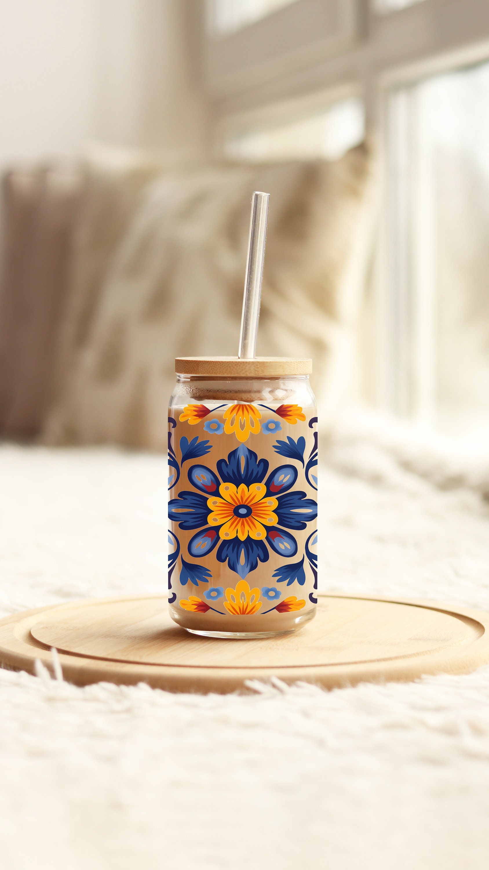Yellow Blue Talavera Libbey Glass ,mexican Flowersglass Cup With Straw ...