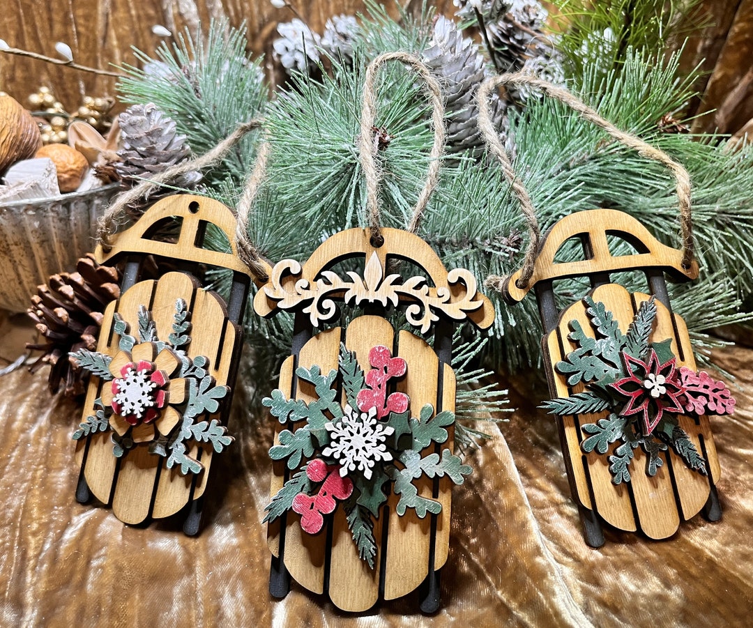 Sled Ornament, Rustic Wooden Sled, Farmhouse Wood, Tree Decoration ...