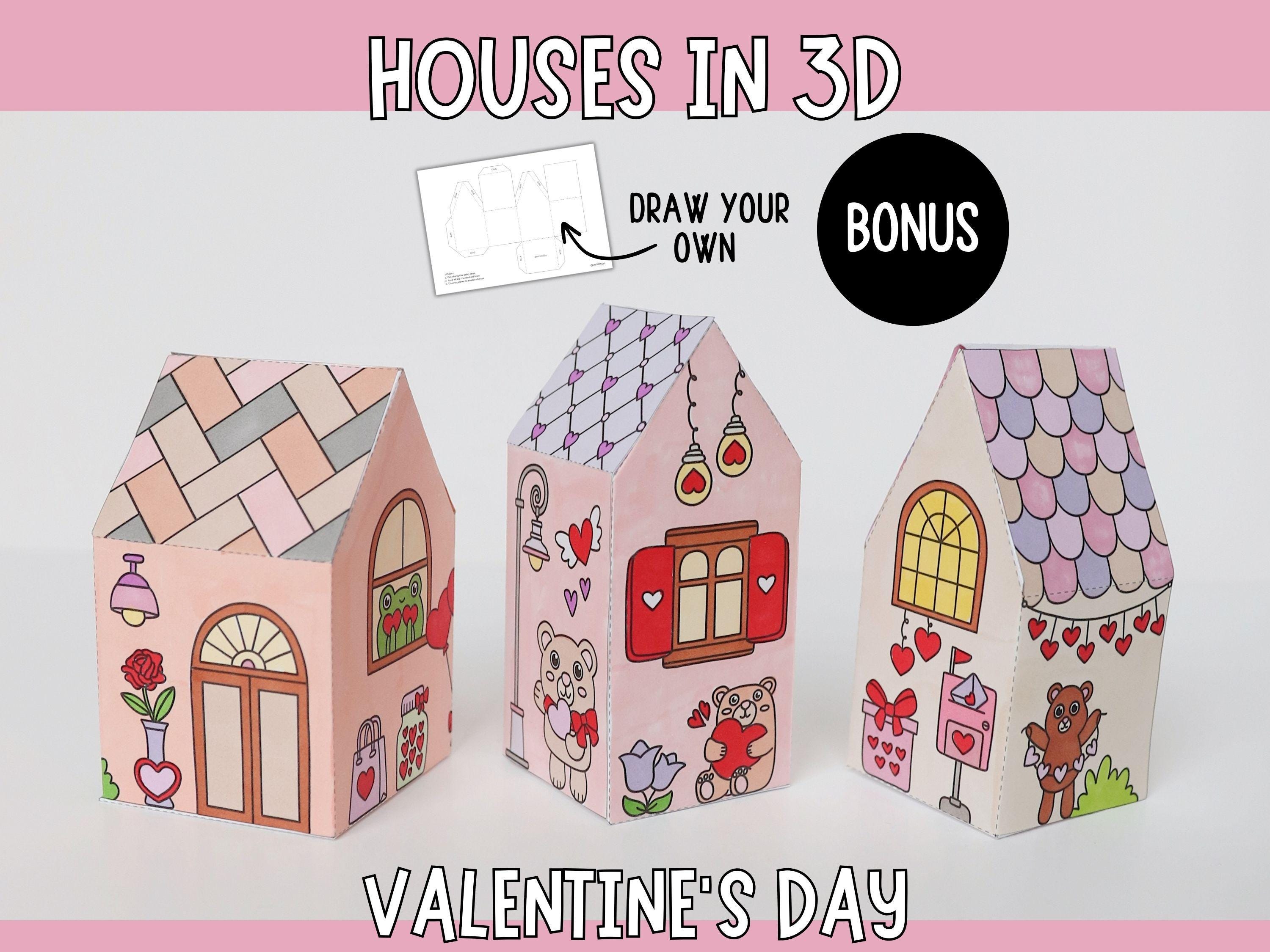 Valentine's Day 3D Paper Craft Houses - Printable DIY Activity for Kids ...