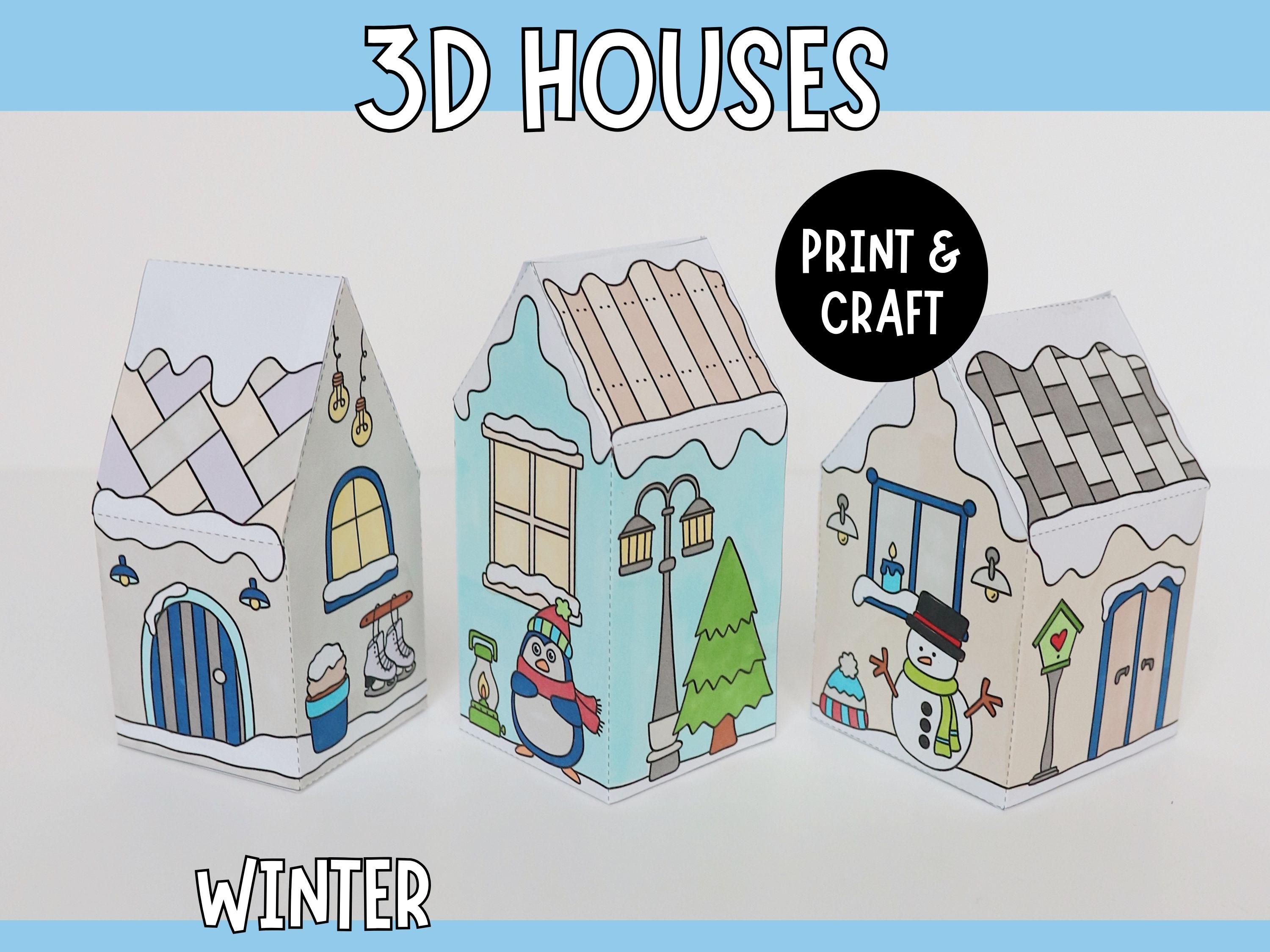 Winter House 3D Paper Craft - Printable Coloring Activity for Kids - Etsy