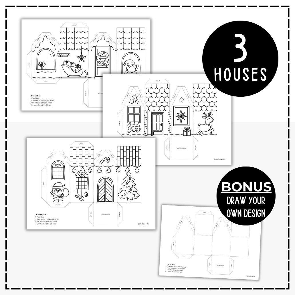 Christmas Holiday Houses Paper Craft Activity Printable Coloring Page ...
