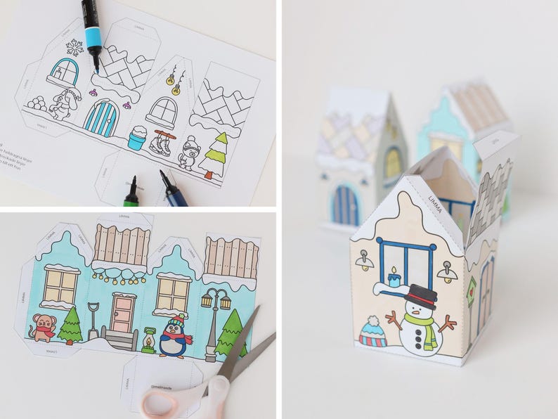 Winter House 3D Paper Craft - Printable Coloring Activity for Kids - Etsy