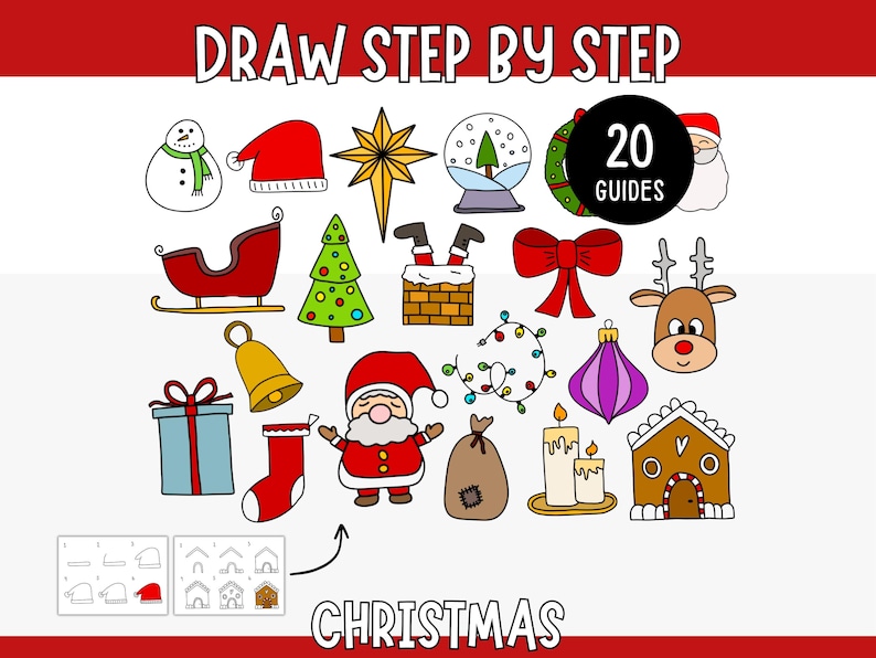 Christmas Drawing Guide - 20 Step-by-step How to Draw Pages for Kids ...